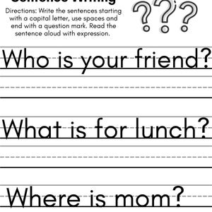 Printable Handwriting Worksheets With Question Sentences and Who, What ...