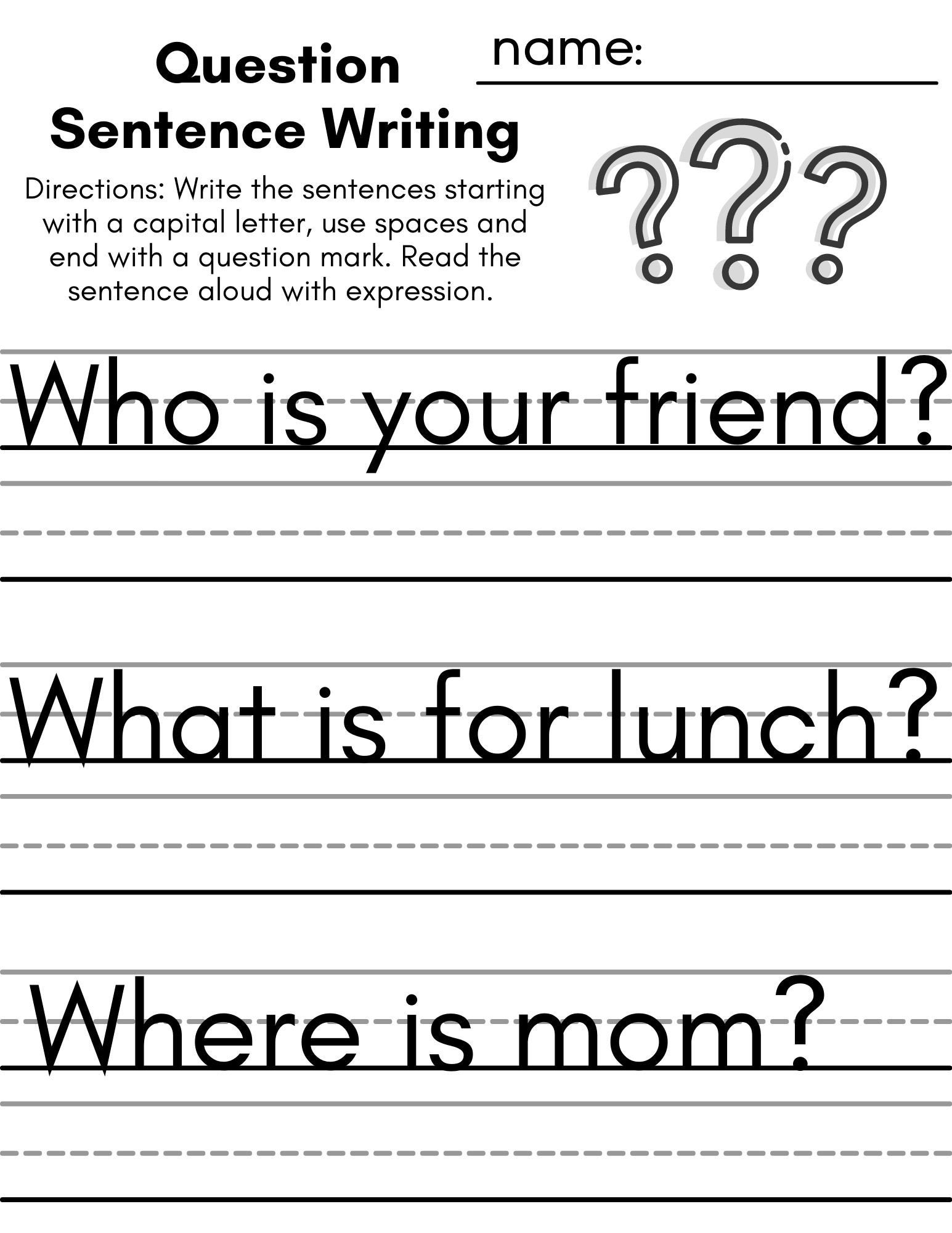 Printable Handwriting Worksheets With Question Sentences and Who, What ...