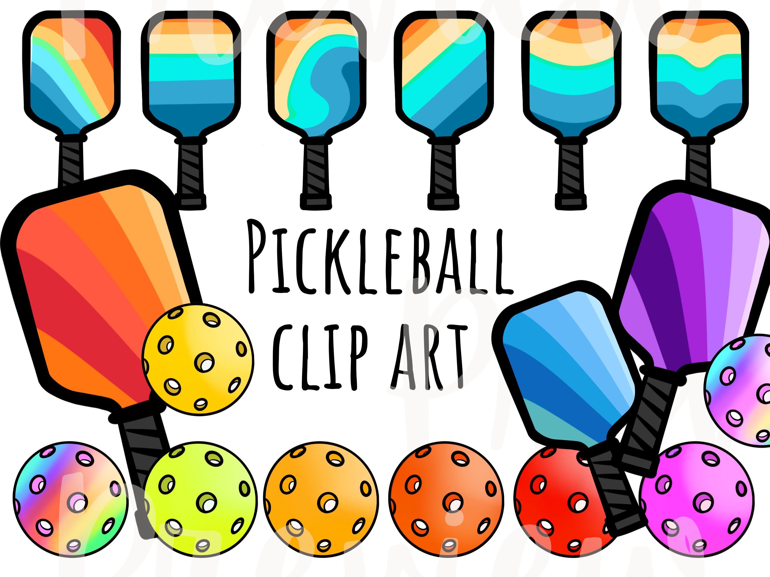 Pickleball Clip Art Pickle Ball Paddles and Balls in Rainbow Colors and ...