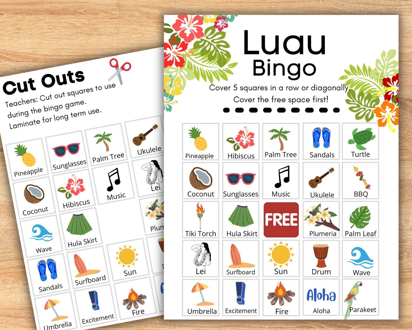 Printable Luau Bingo Game With Colorful Beach Images for a Hawaiian ...