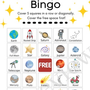 Printable Outer Space Bingo Game With Colorful Planets and Stars for a ...