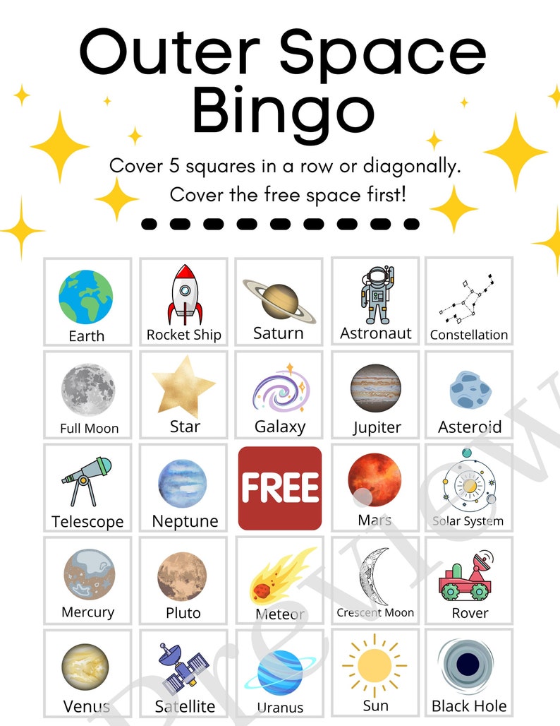 Printable Outer Space Bingo Game With Colorful Planets and Stars for a ...