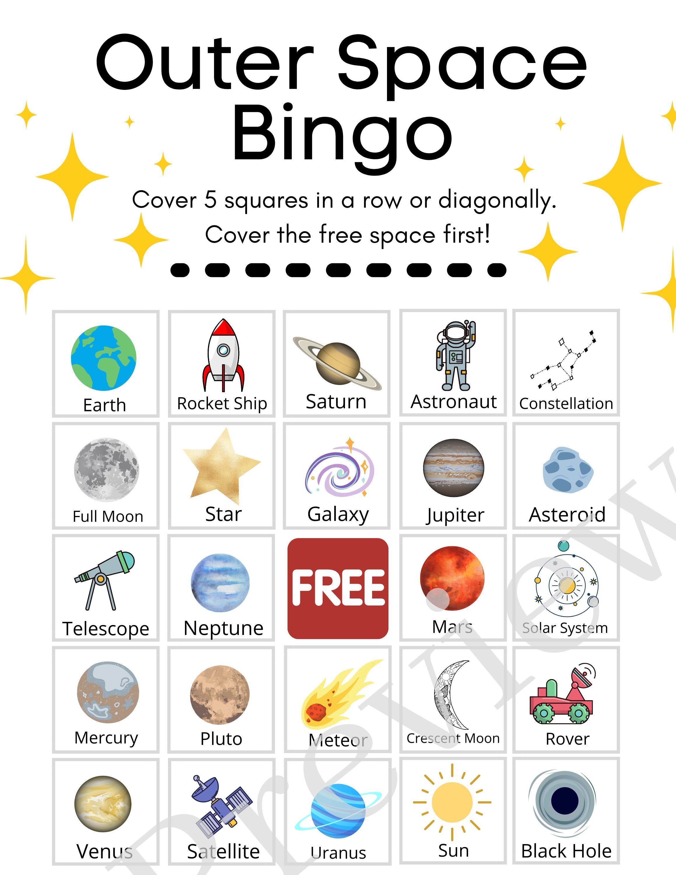 Space Bingo Printable Game With Vibrant Planets and Stars With Word ...