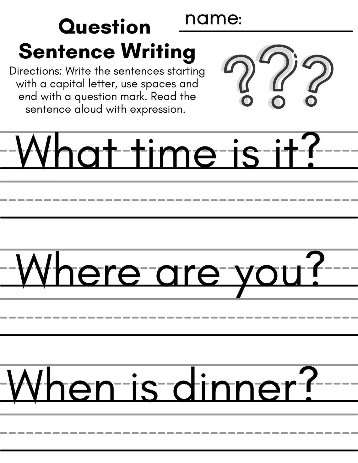 Printable Handwriting Worksheets With Question Sentences and Who, What ...