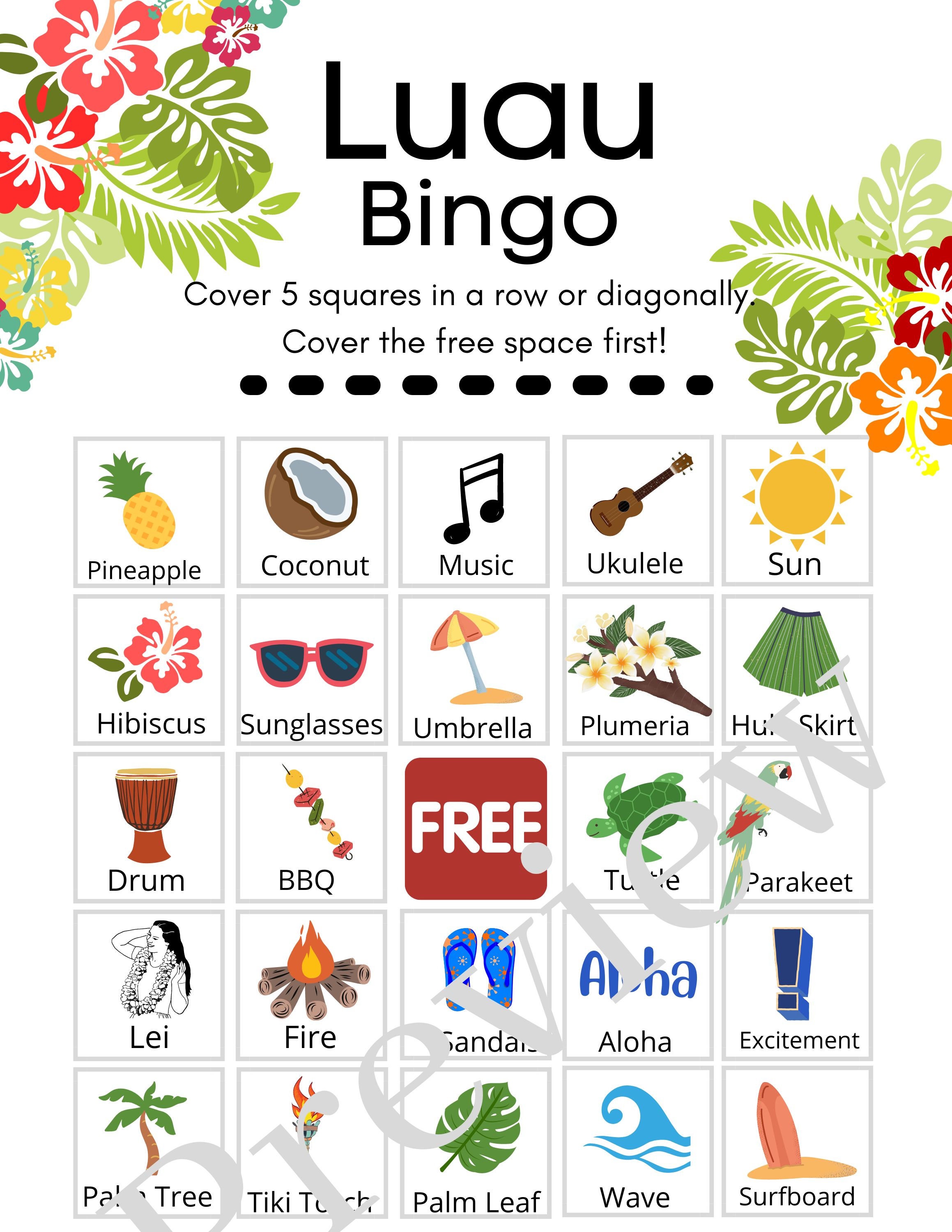 Printable Luau Bingo Game With Colorful Beach Images for a Hawaiian ...