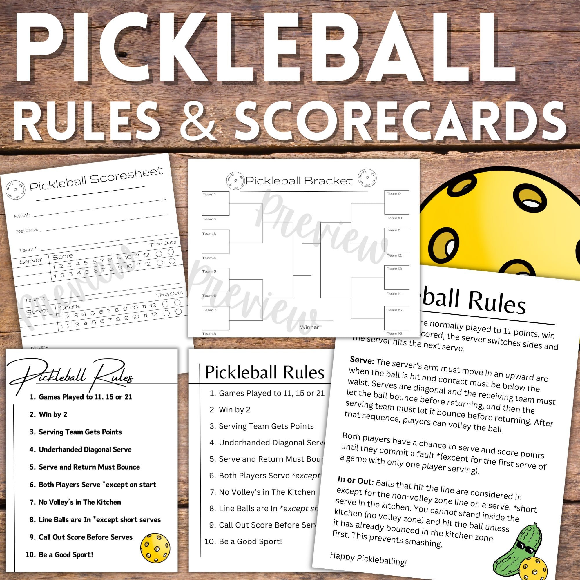 Pickleball Rule Poster and Pickleball Scoresheet Bundle With Brackets ...