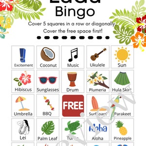 Printable Luau Bingo Game With Colorful Beach Images for a Hawaiian ...