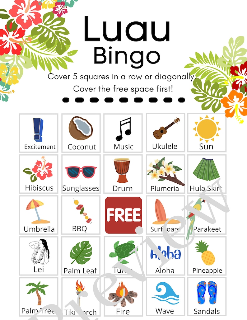 Printable Luau Bingo Game With Colorful Beach Images for a Hawaiian ...