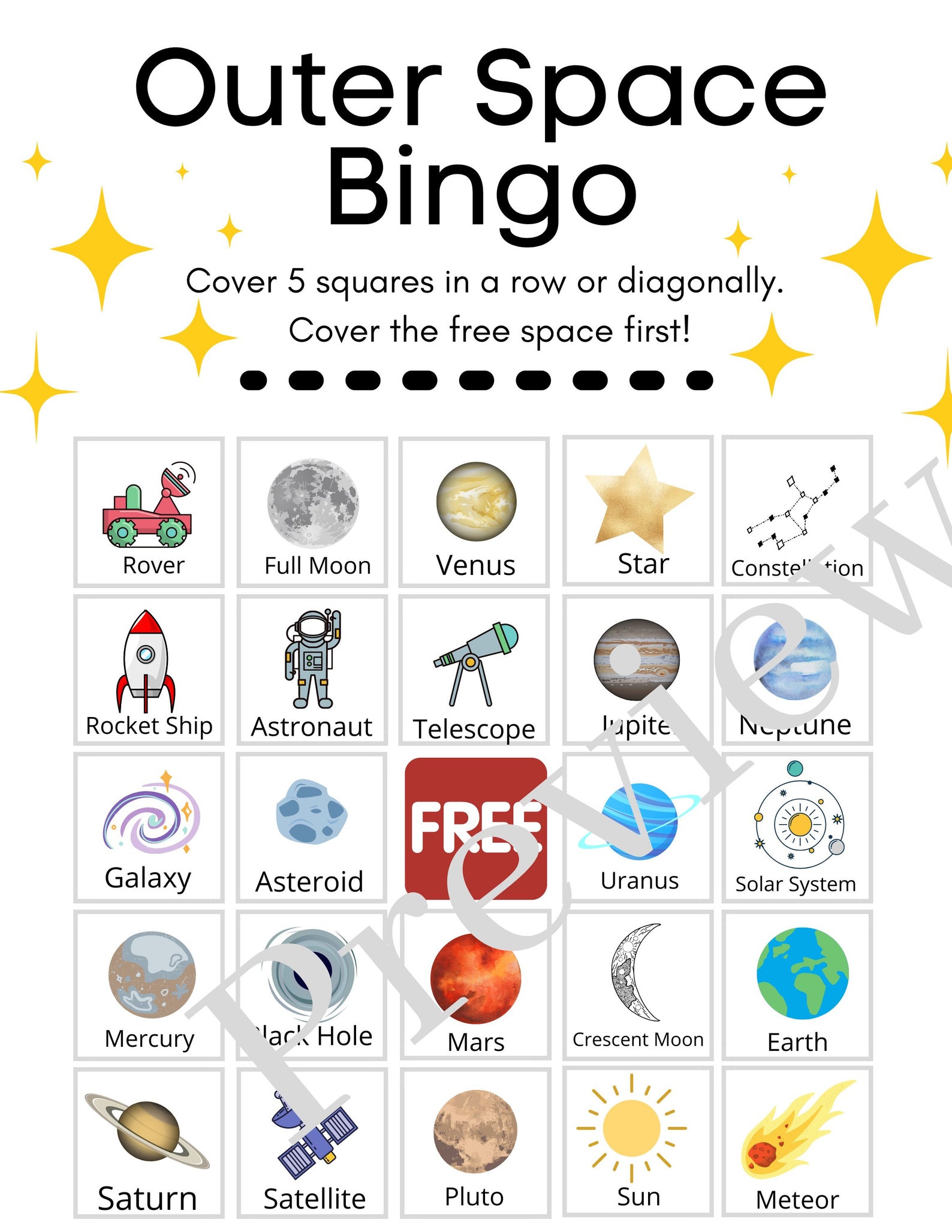 Space Bingo Printable Game With Vibrant Planets and Stars With Word ...