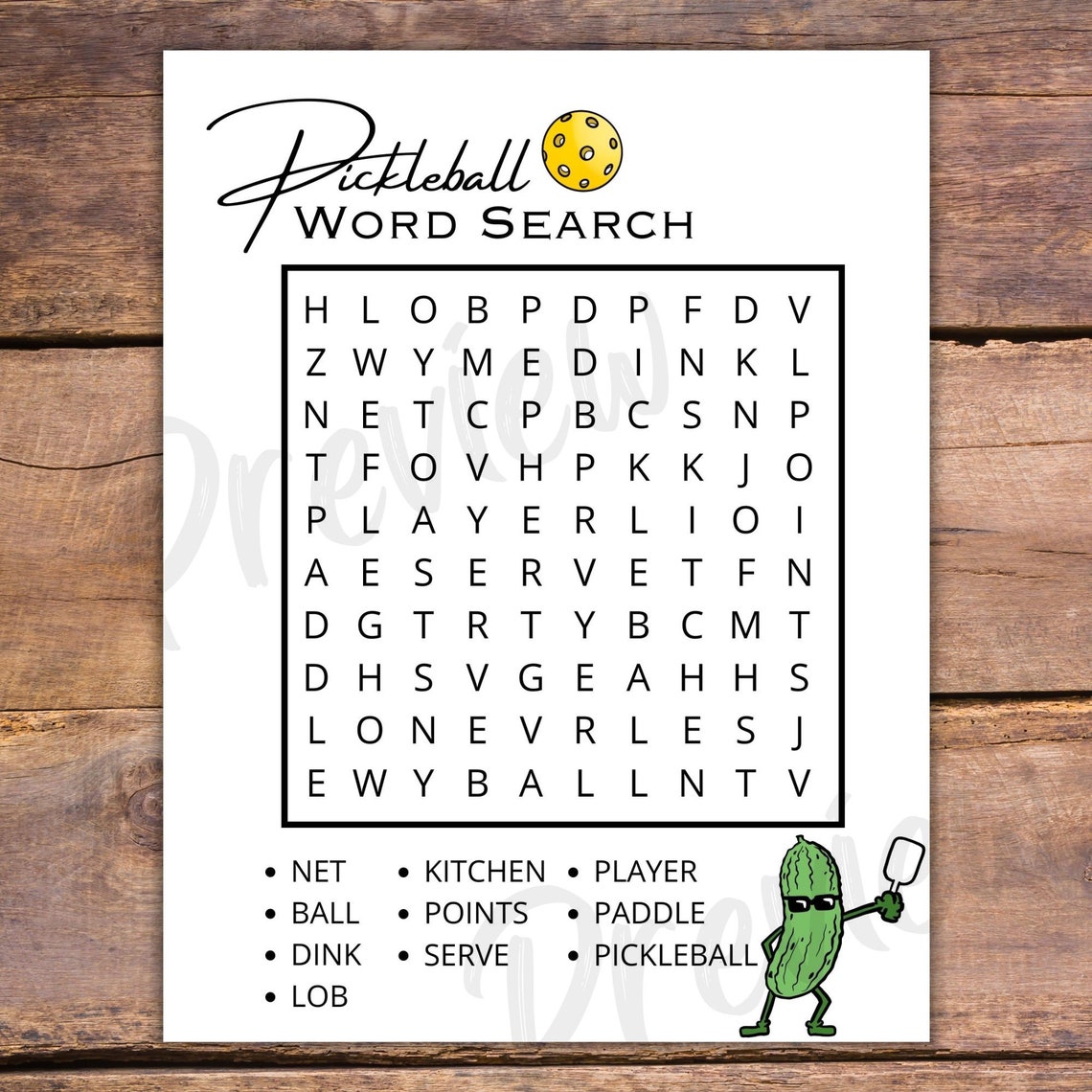 Pickleball Game With Ten Pickleball Word Search Items and a Funny ...