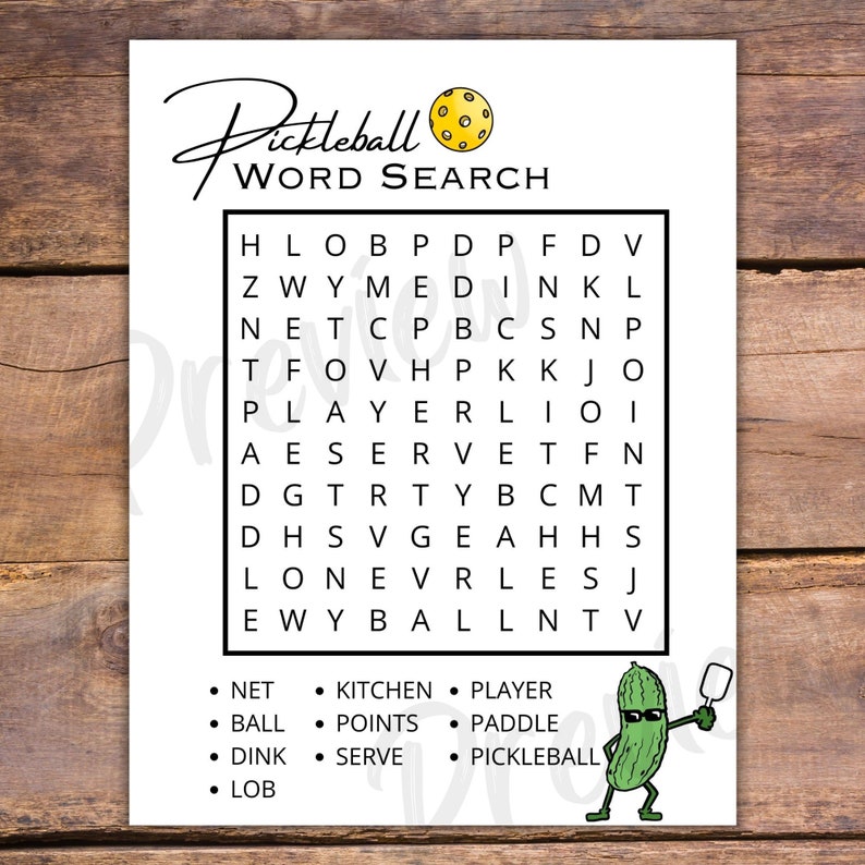 Pickleball Game With Ten Pickleball Word Search Items and a Funny ...