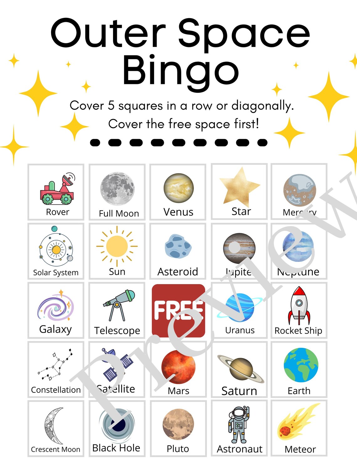Printable Outer Space Bingo Game With Colorful Planets and Stars for a ...