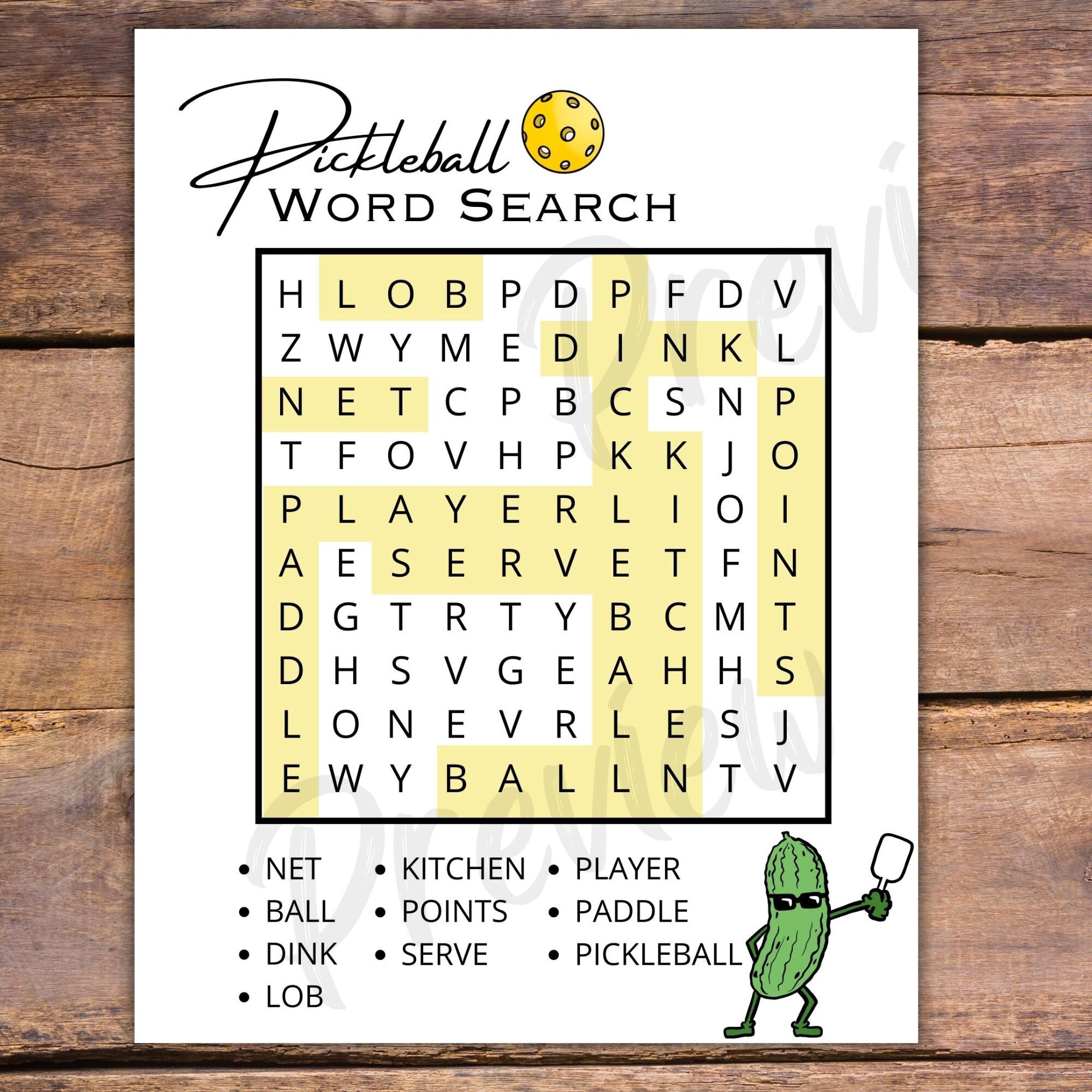 Pickleball Game With Ten Pickleball Word Search Items and a Funny ...