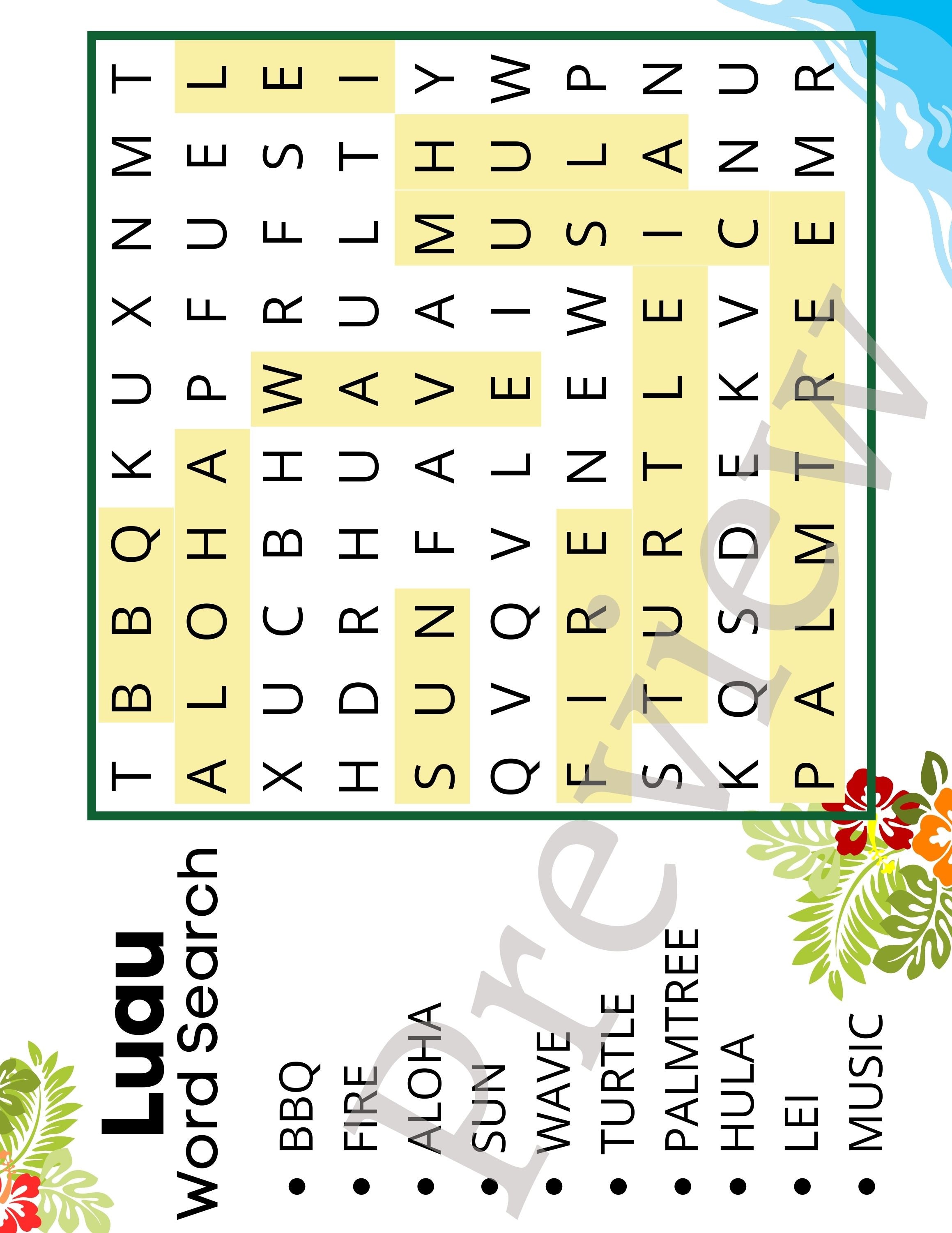 Printable Aloha Word Search Game With Colorful Beach Images for a ...