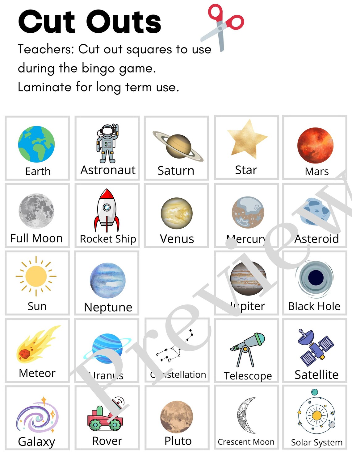 Space Bingo Printable Game With Vibrant Planets and Stars With Word ...