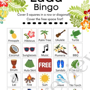 Printable Luau Bingo Game With Colorful Beach Images for a Hawaiian ...