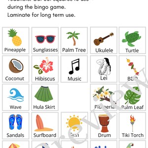 Printable Luau Bingo Game With Colorful Beach Images for a Hawaiian ...