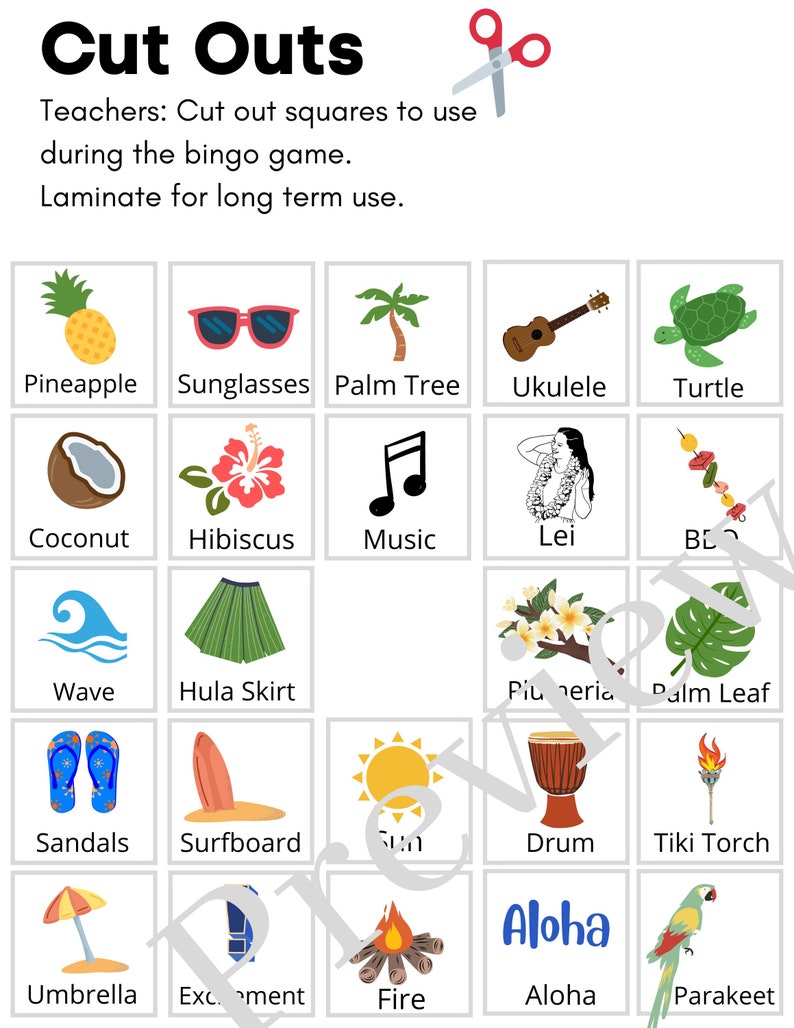 Printable Luau Bingo Game With Colorful Beach Images for a Hawaiian ...