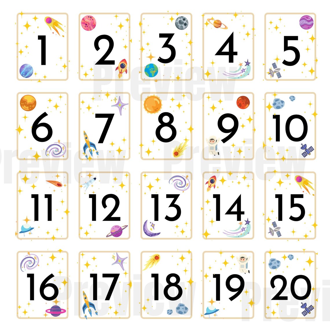 Outer Space Number Posters for Classroom Decor With Numbers 1 to 20 ...