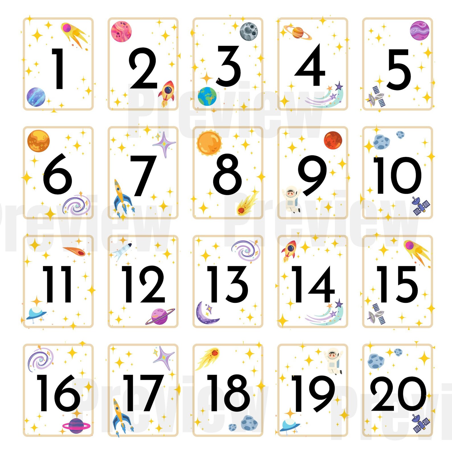 Outer Space Number Posters for Classroom Decor With Numbers 1 to 20 ...