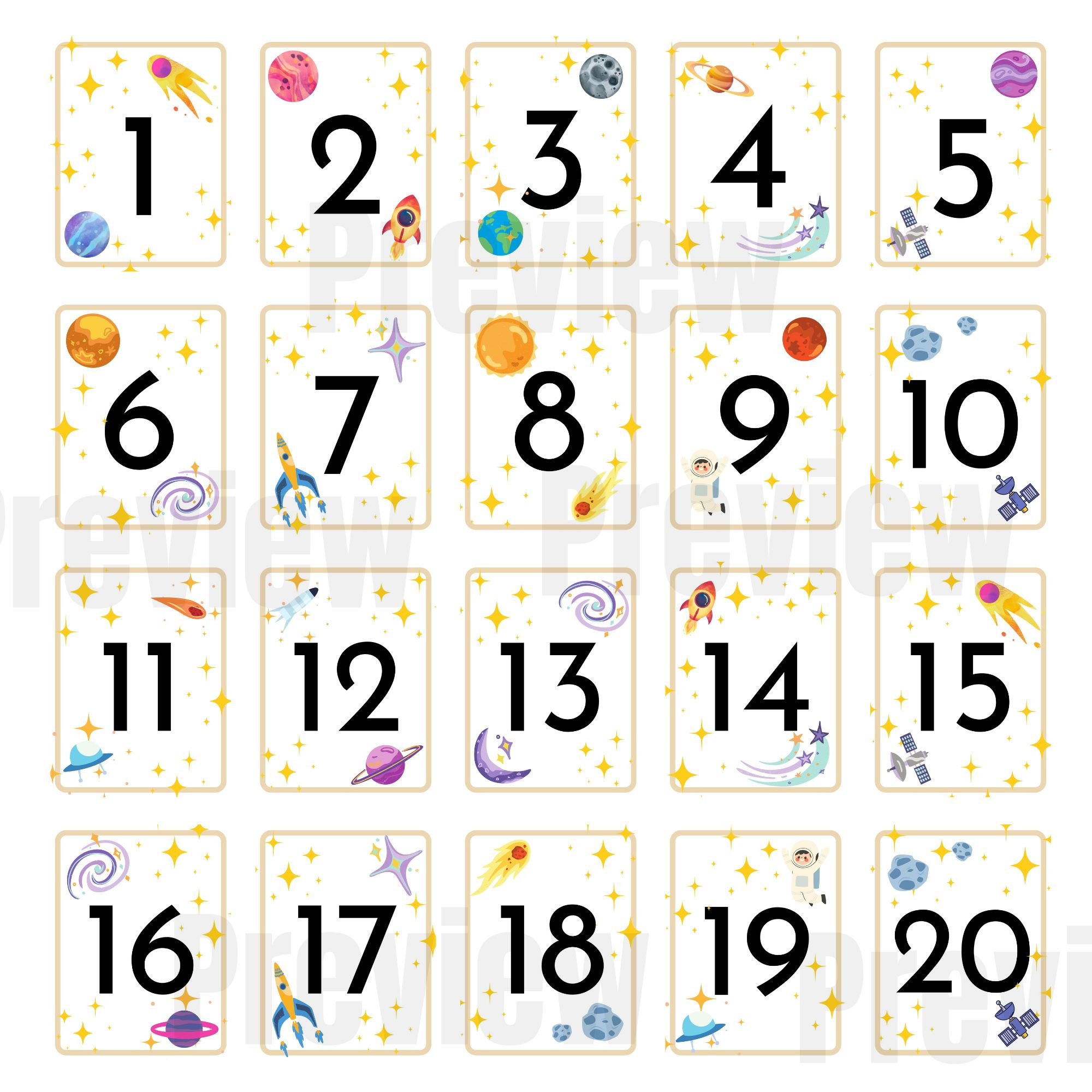 Outer Space Number Posters for Classroom Decor With Numbers 1 to 20 ...