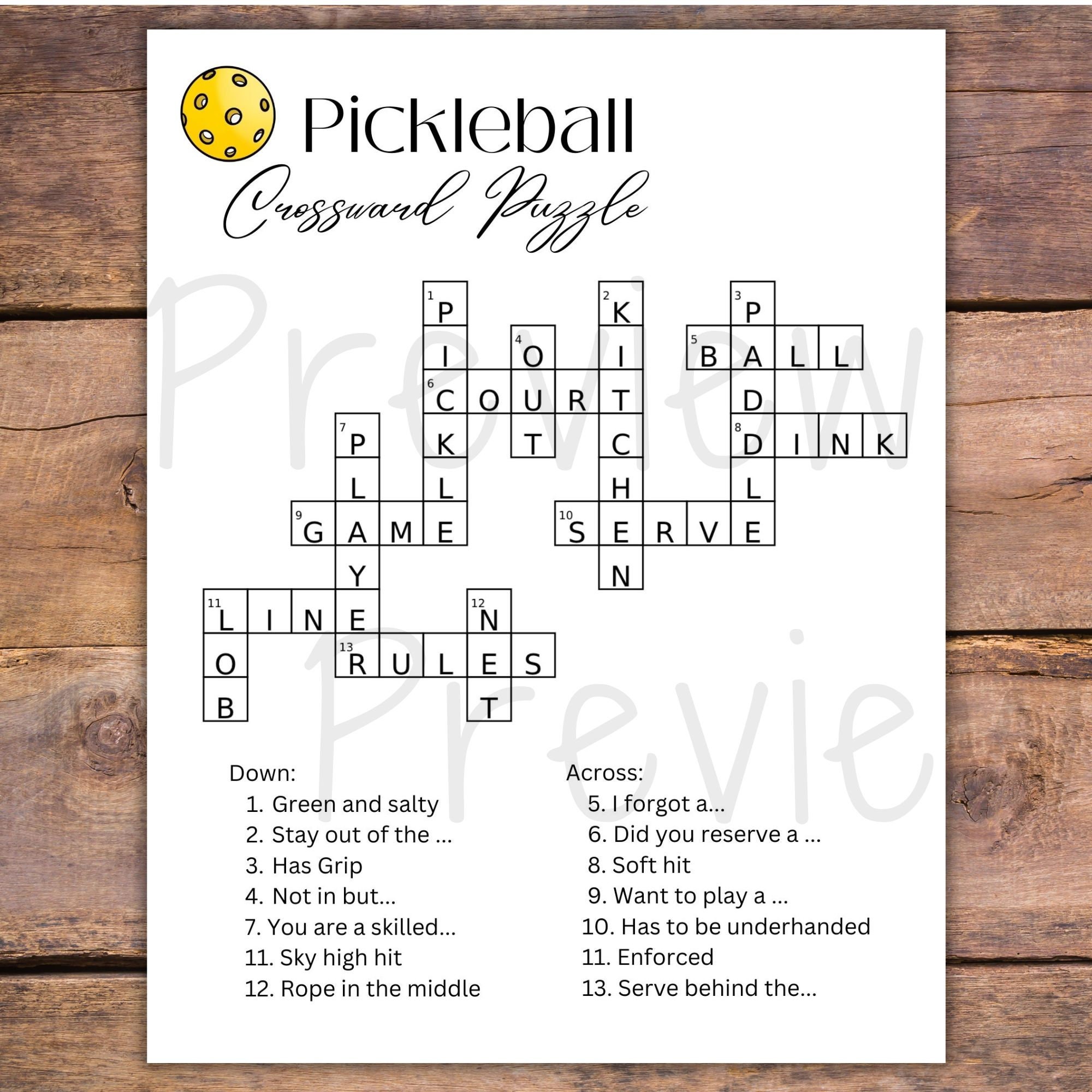 Pickleball Crossword Puzzle Game for a Pickleball Party or Camp ...