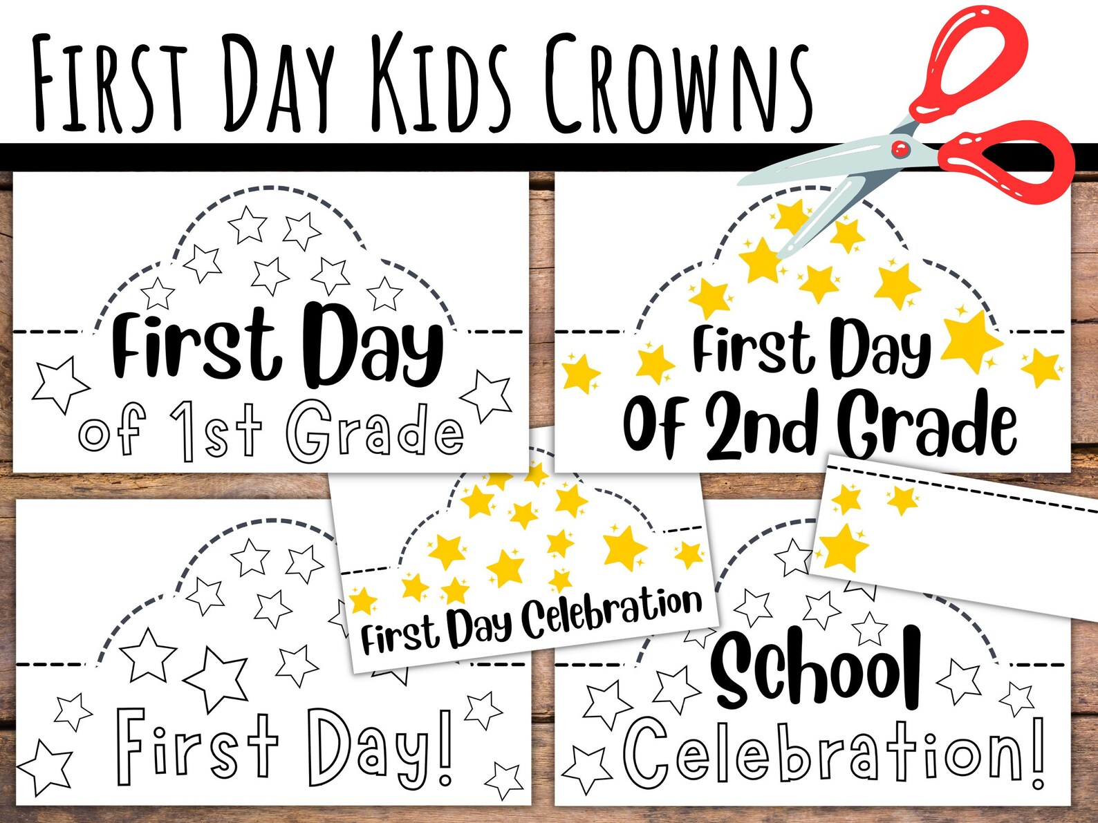 First Day of School Crowns in Color and Colorable Cut Outs for Teachers ...