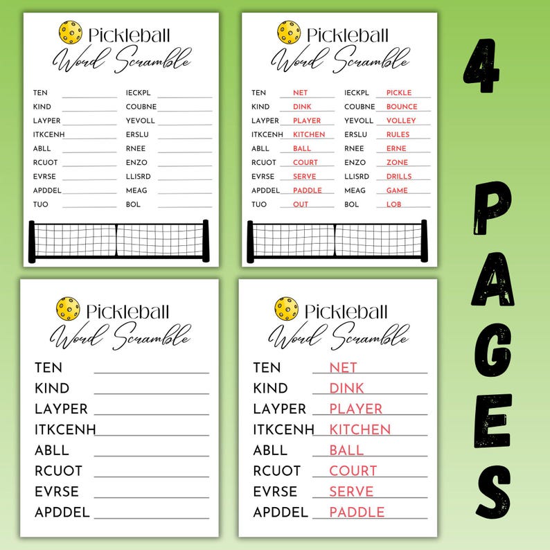 Fun Pickleball Game With 2 Pickleball Word Scramble Levels Printable ...
