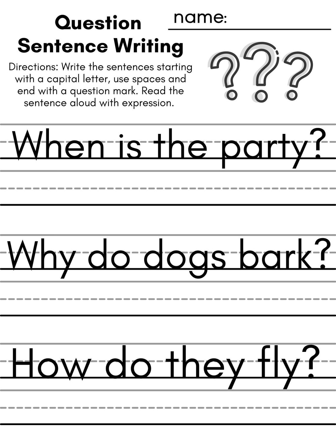 Printable Handwriting Worksheets With Question Sentences and Who, What ...