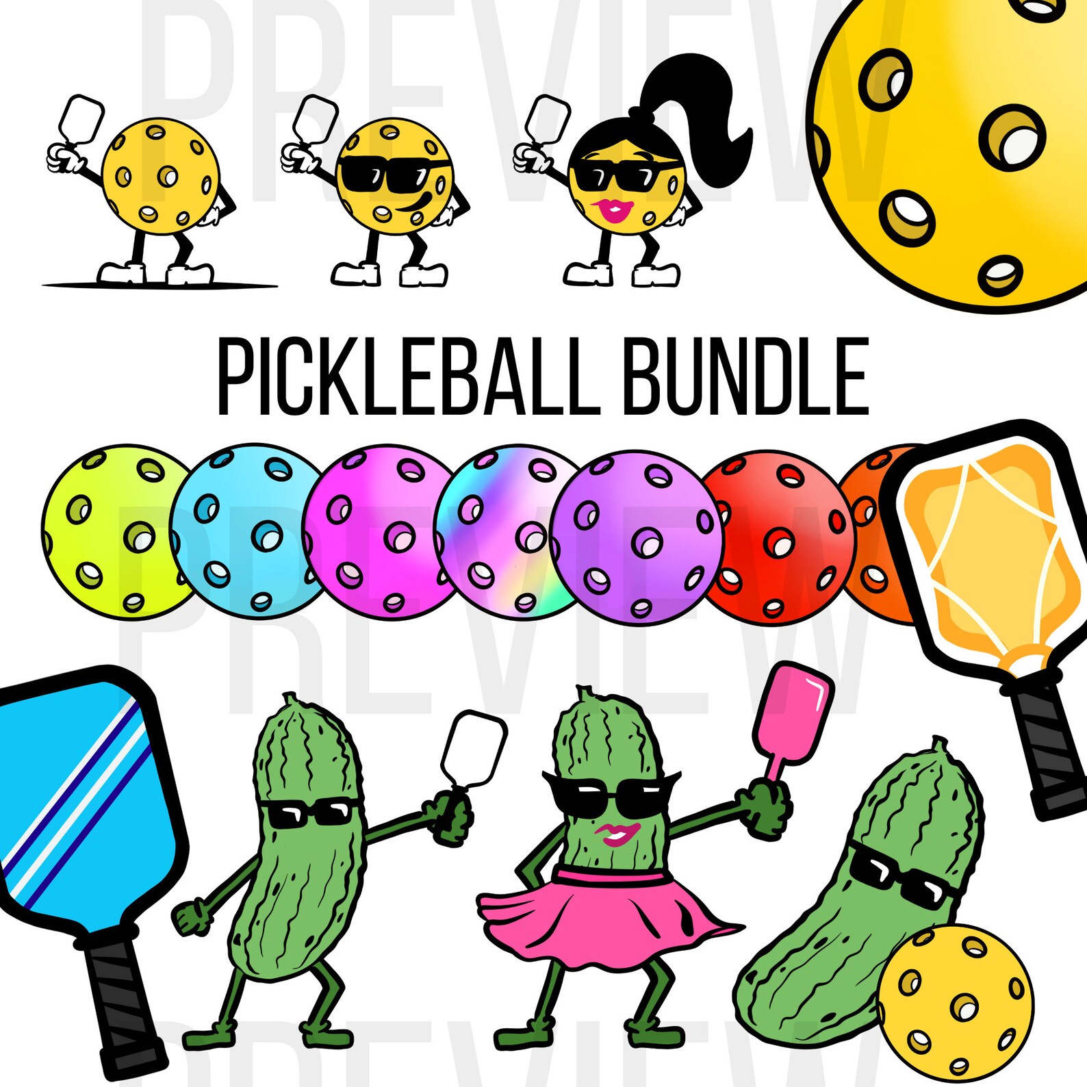 Big Bundle of Pickleball Clip Art With Pickle Players and Funny ...