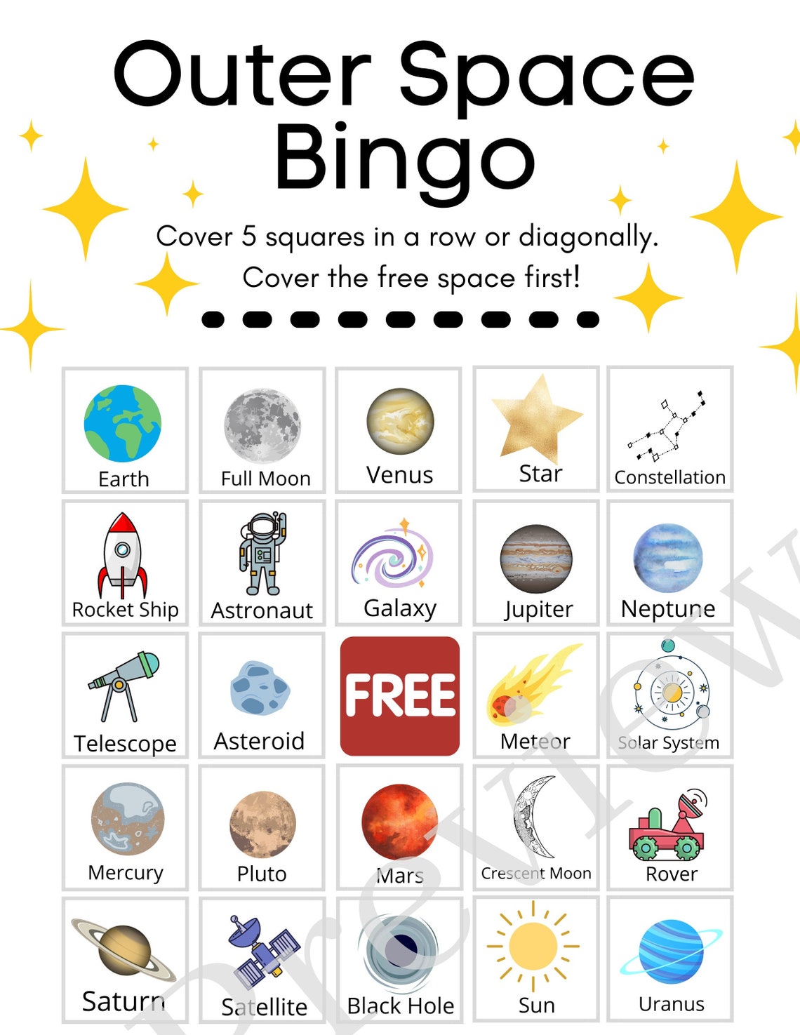 Printable Outer Space Bingo Game With Colorful Planets and Stars for a ...