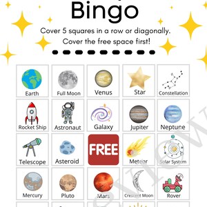 Printable Outer Space Bingo Game With Colorful Planets and Stars for a ...