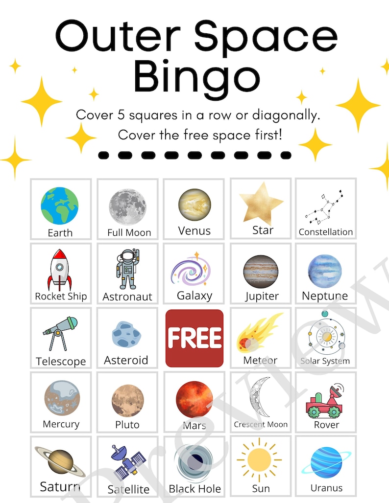Printable Outer Space Bingo Game With Colorful Planets and Stars for a ...