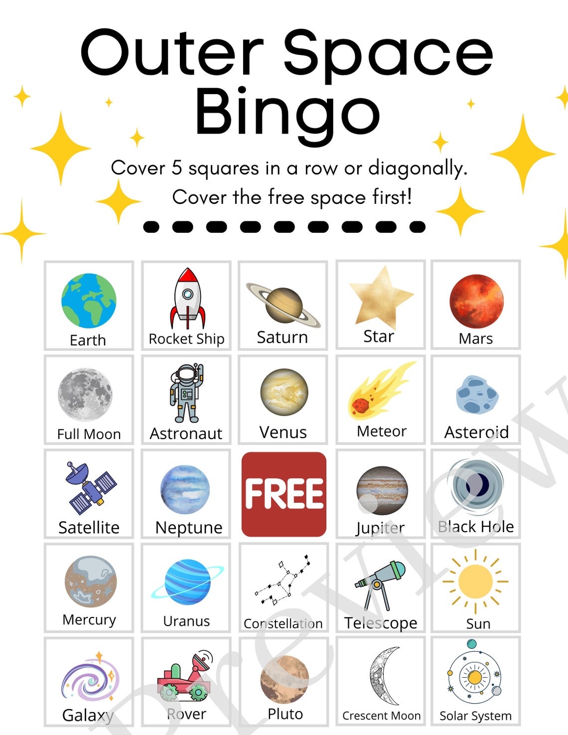 Printable Outer Space Bingo Game With Colorful Planets and Stars for a ...