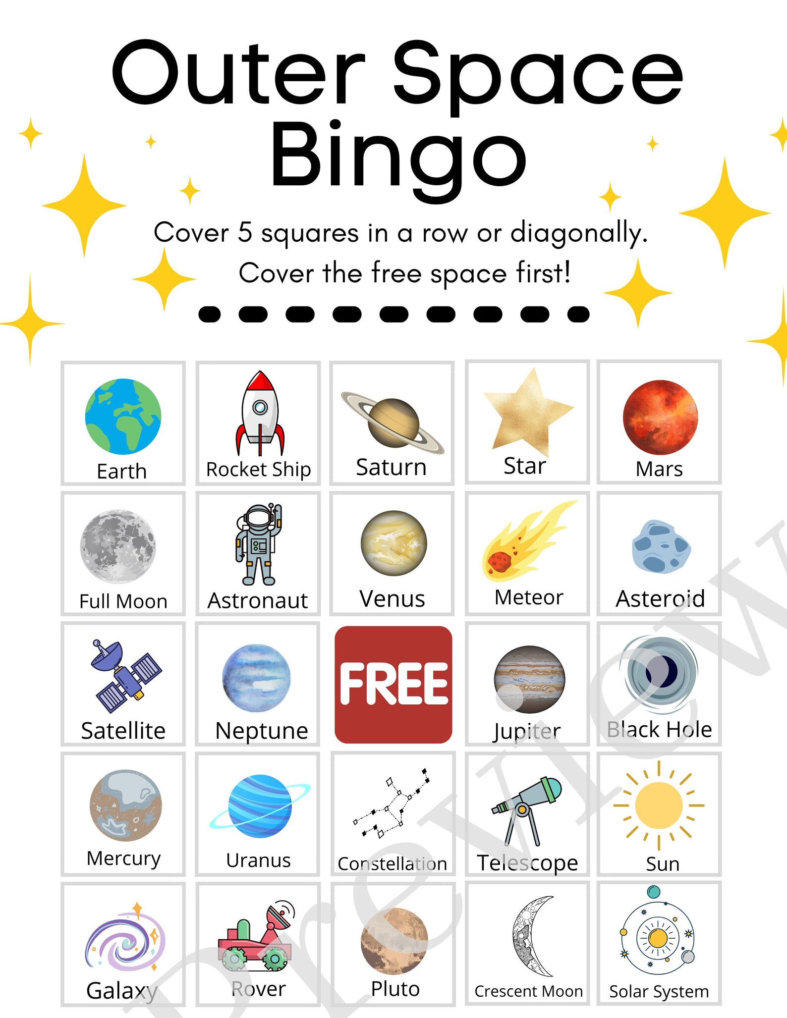 Printable Outer Space Bingo Game With Colorful Planets and Stars for a ...