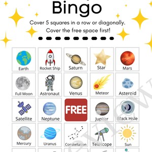 Printable Outer Space Bingo Game With Colorful Planets and Stars for a ...