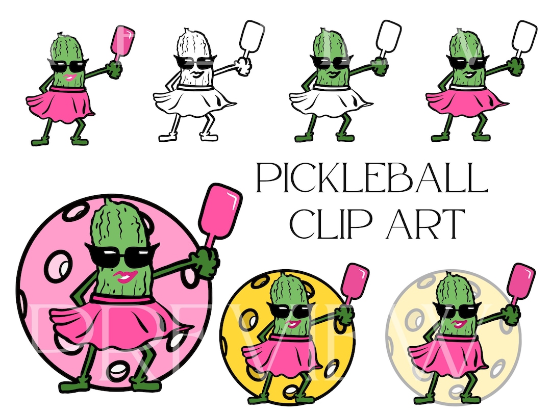 Pickle Playing Pickleball Clip Art Pack With Feminine Pickle Player In A Pink Skirt Or Tutu With