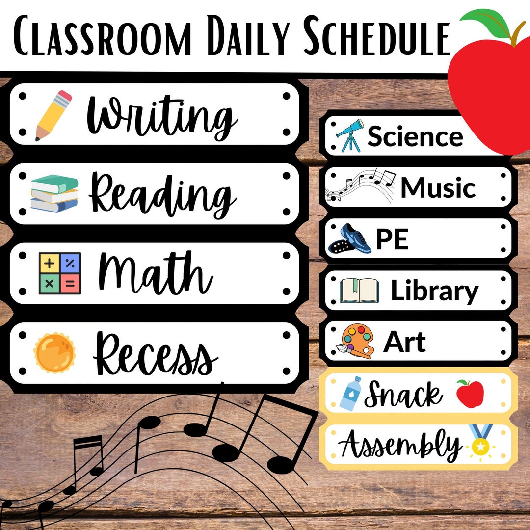 Editable on Canva Classroom Schedule Cards Template With Daily Schedule of Music Library and PE ...