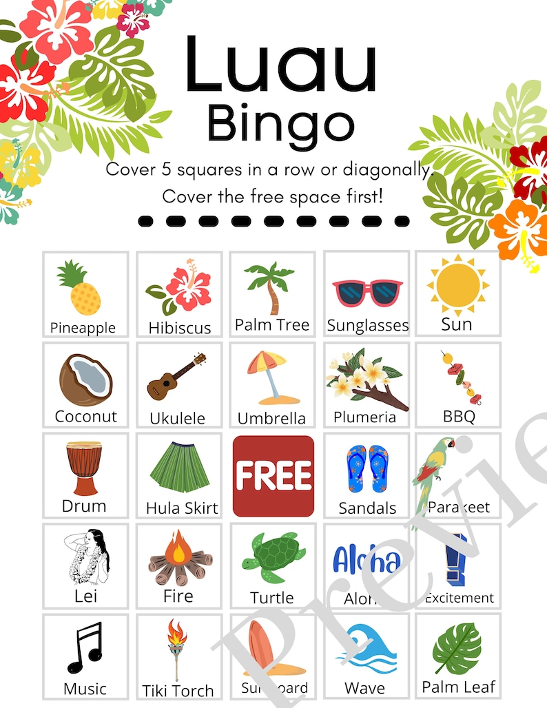 Printable Luau Bingo Game With Colorful Beach Images for a Hawaiian ...
