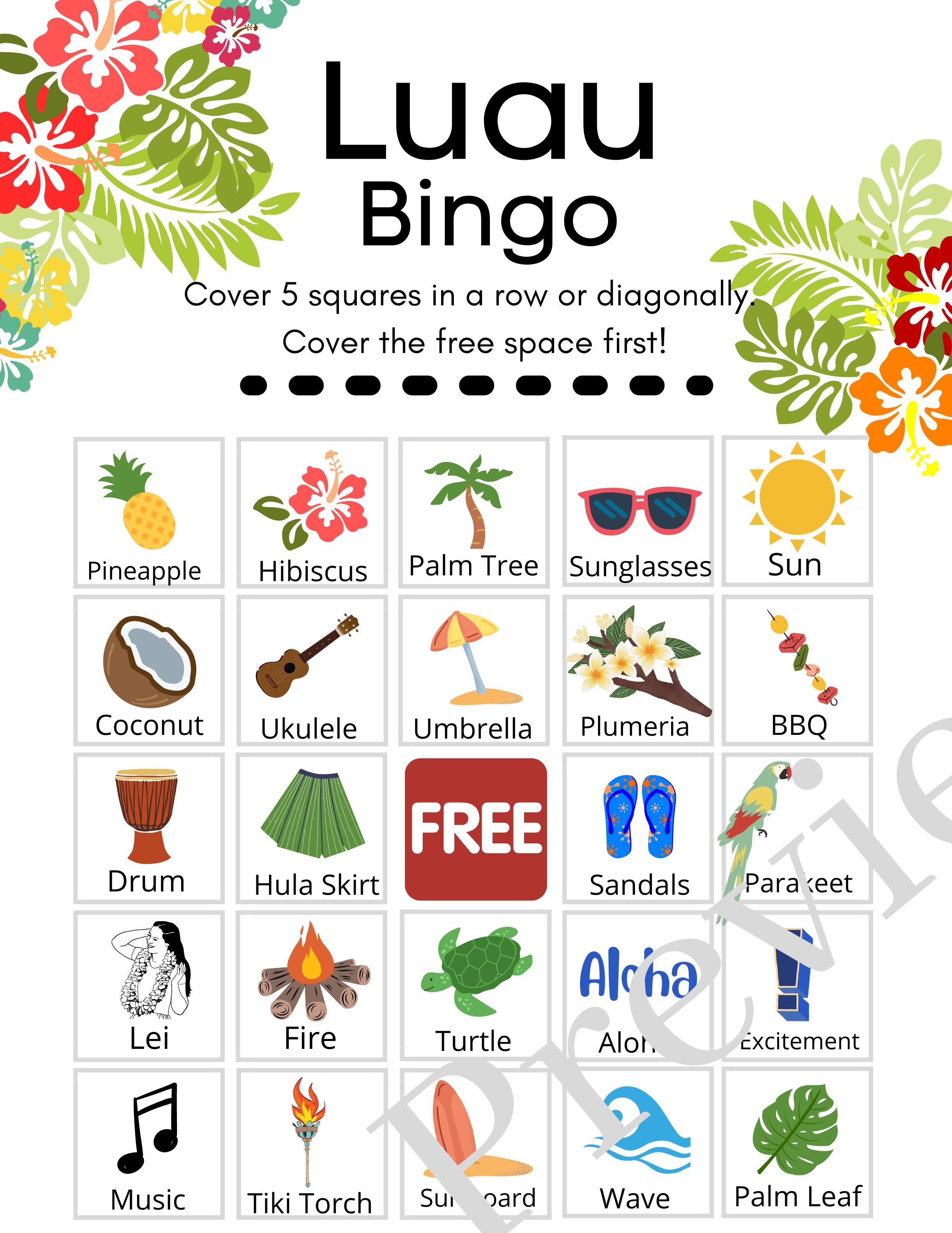 Printable Luau Bingo Game With Colorful Beach Images for a Hawaiian ...