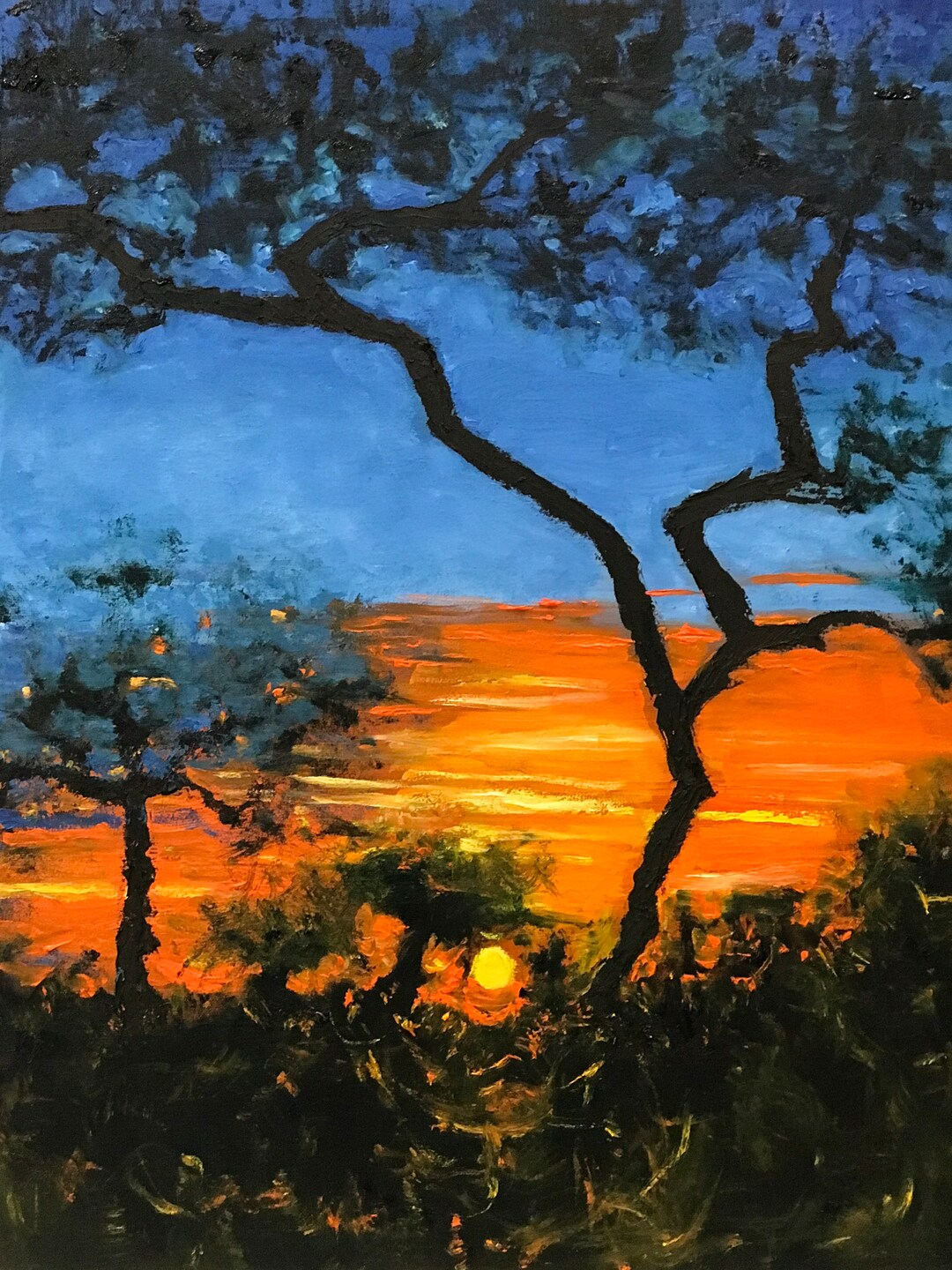 Oil Painting of an African Sunset, Sky Turning Orange and Dark Blue ...