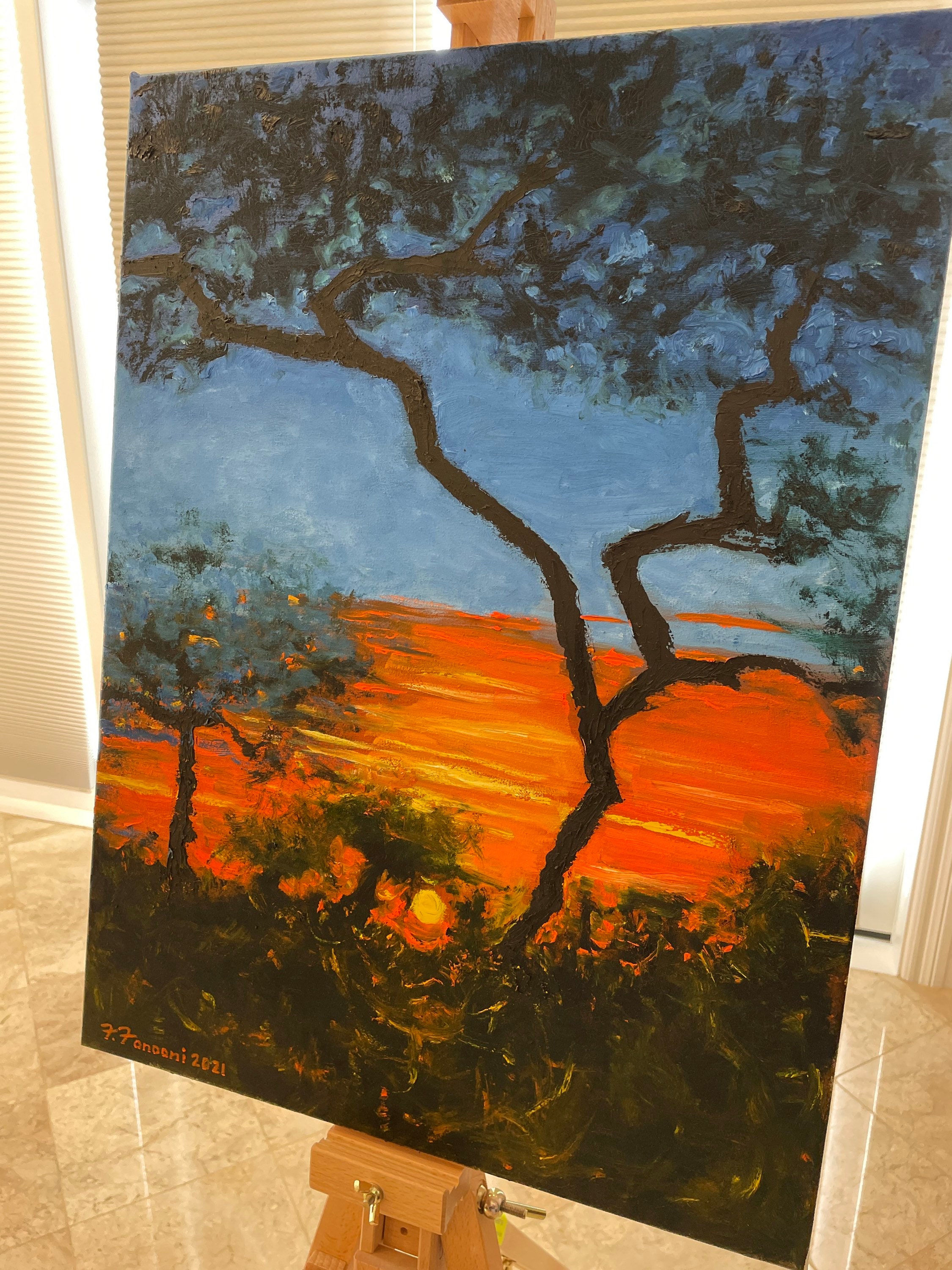 Oil Painting of an African Sunset, Sky Turning Orange and Dark Blue ...