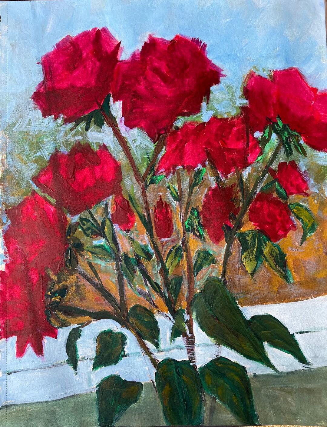 Red Roses Painting: Original Acrylic Gouache Art (9x12 Unframed) - Etsy