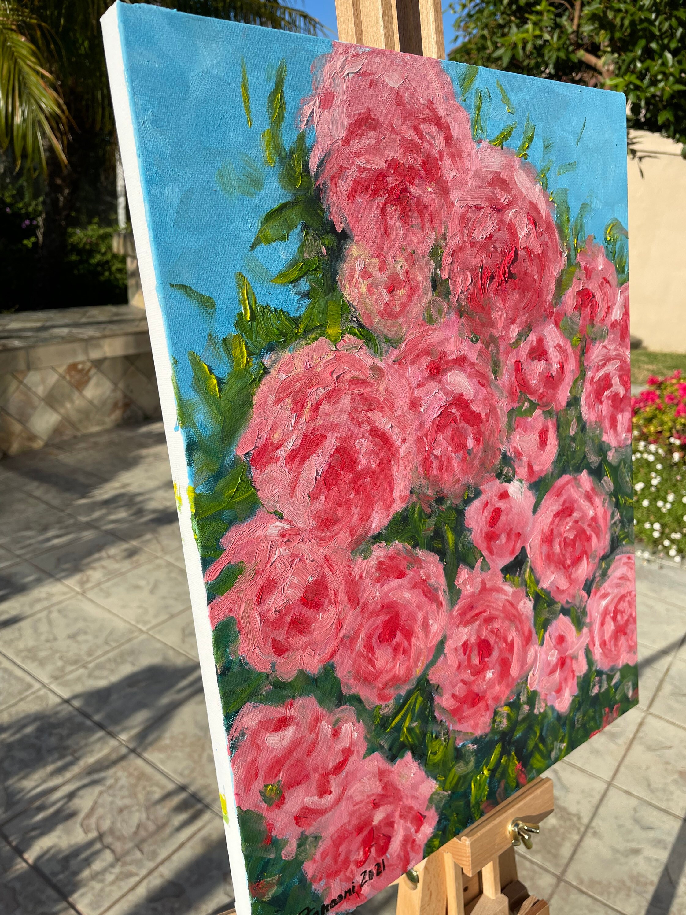 Textured Pink Rose Bush Oil Painting on Canvas (14x18 In, Unframed) - Etsy