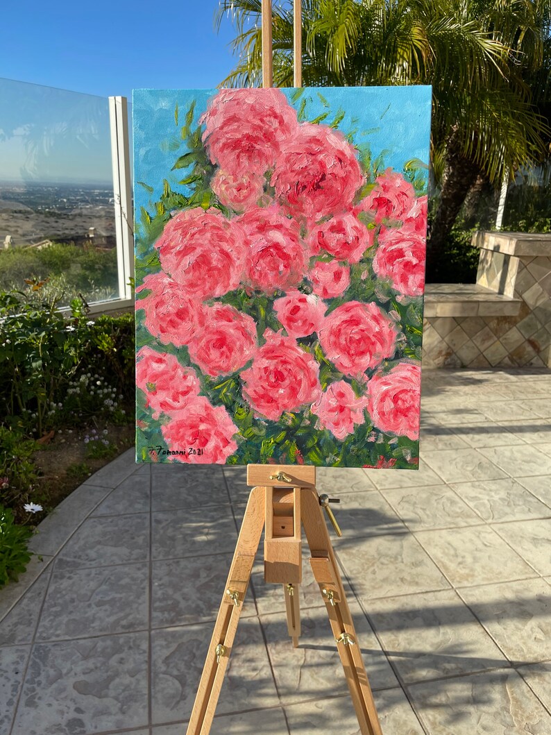 Textured Pink Rose Bush Oil Painting on Canvas (14x18 In, Unframed) - Etsy