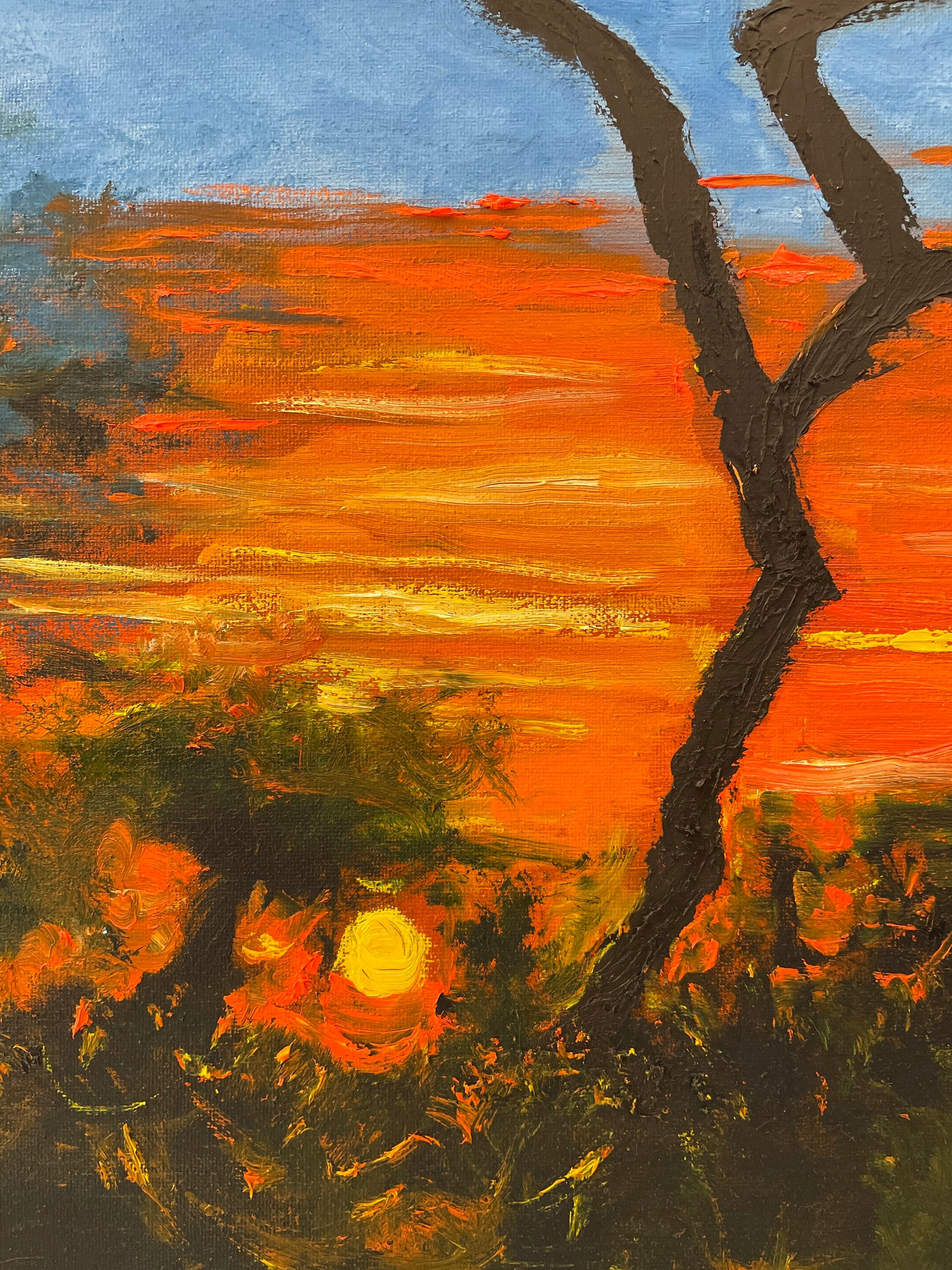 Oil Painting of an African Sunset, Sky Turning Orange and Dark Blue ...