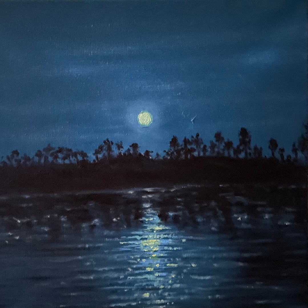 Oil Painting of Moon Over the Water, Moonlight, Size 12x12 In, Unframed ...