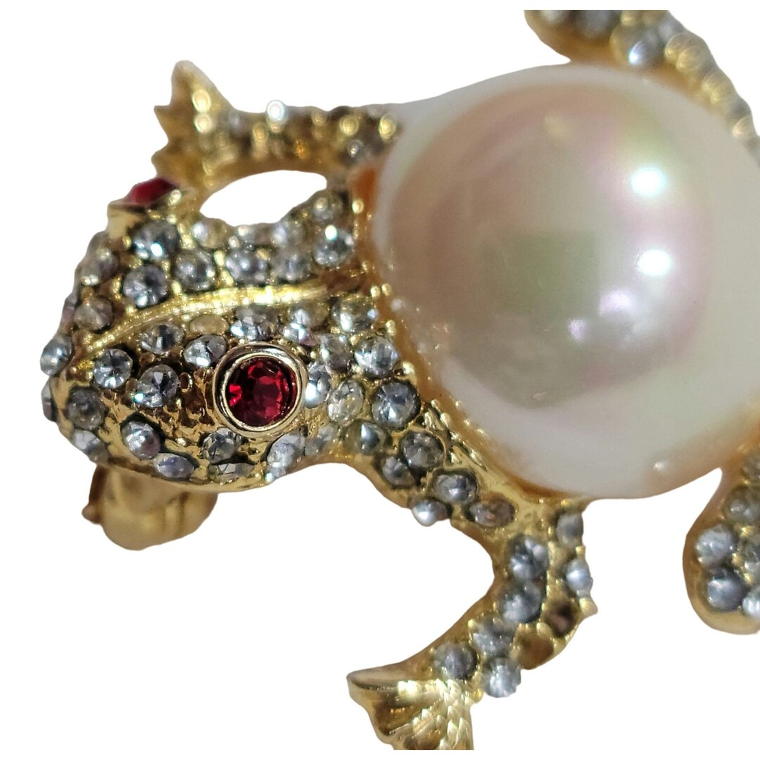 Vintage Kenneth Jay Lane Faux Pearl Pave Crystal Rhinestone Frog Brooch ...