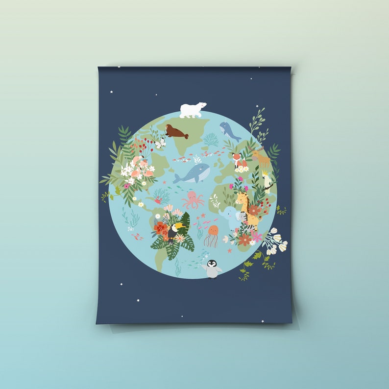 Digital File-world Map With Animals Planet Earth - Etsy