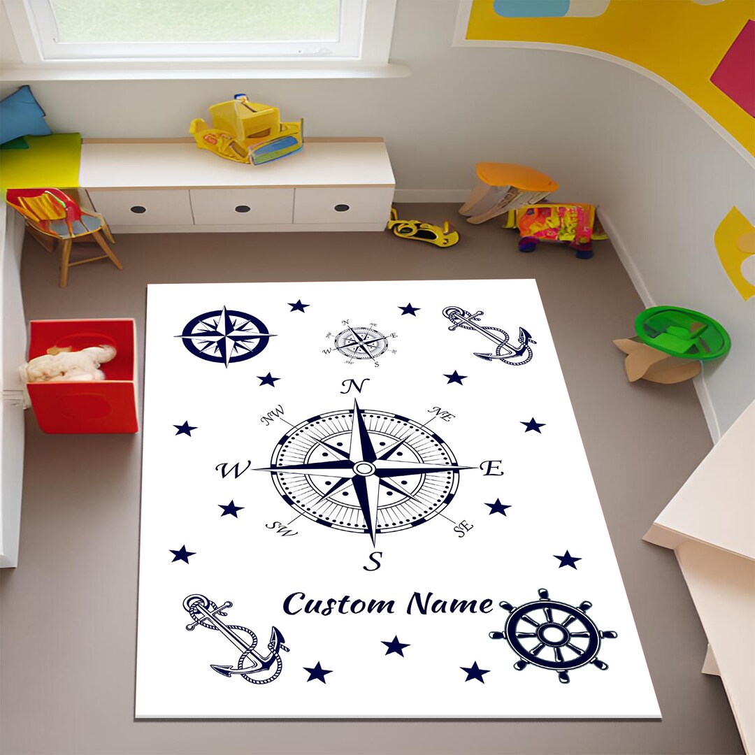 Navy Compass Patterned Rug Nonslip Kidsroom Carpet Sailor Area Rugs ...